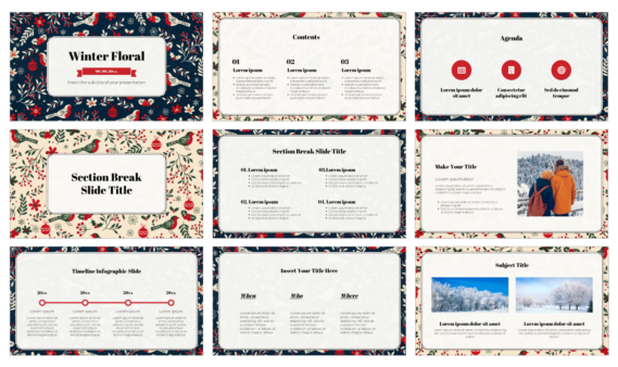 Winter Floral Pattern Google Slides Theme PowerPoint Template