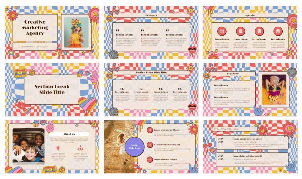 Groovy Retro Square Google Slides Theme PowerPoint Template
