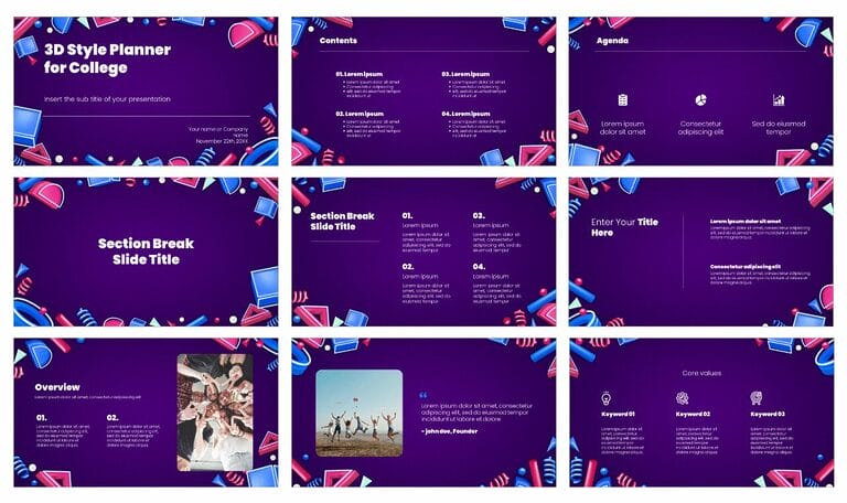 3D Style Planner for College Google Slides PowerPoint Templates