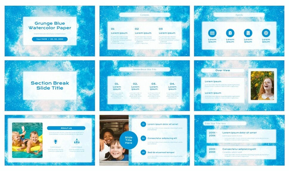 Grunge Blue Watercolor Paper Google Slides PowerPoint Template