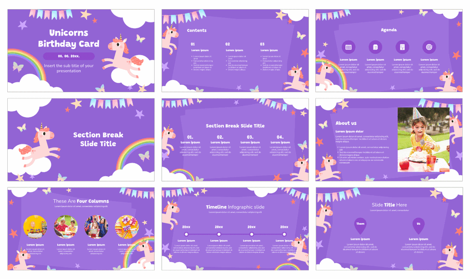 Unicorns Birthday Card Google Slides Theme PowerPoint Template