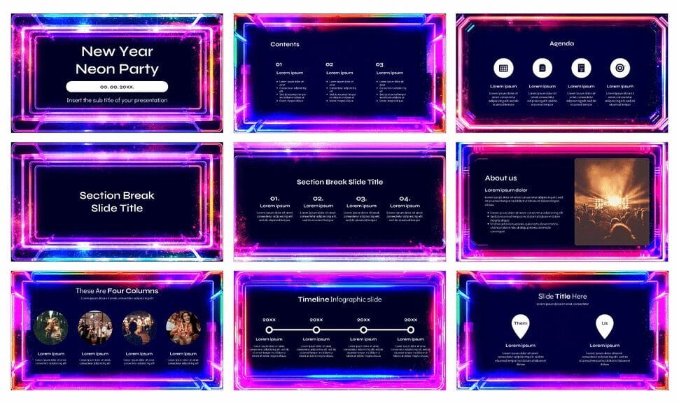 New Year Neon Party Google Slides Theme PowerPoint Templates
