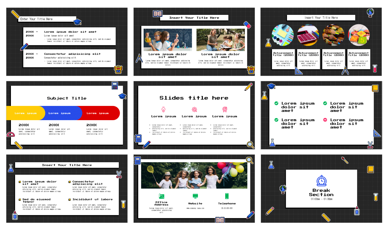 Pixel School Supplies Google Slides Themes PowerPoint Template