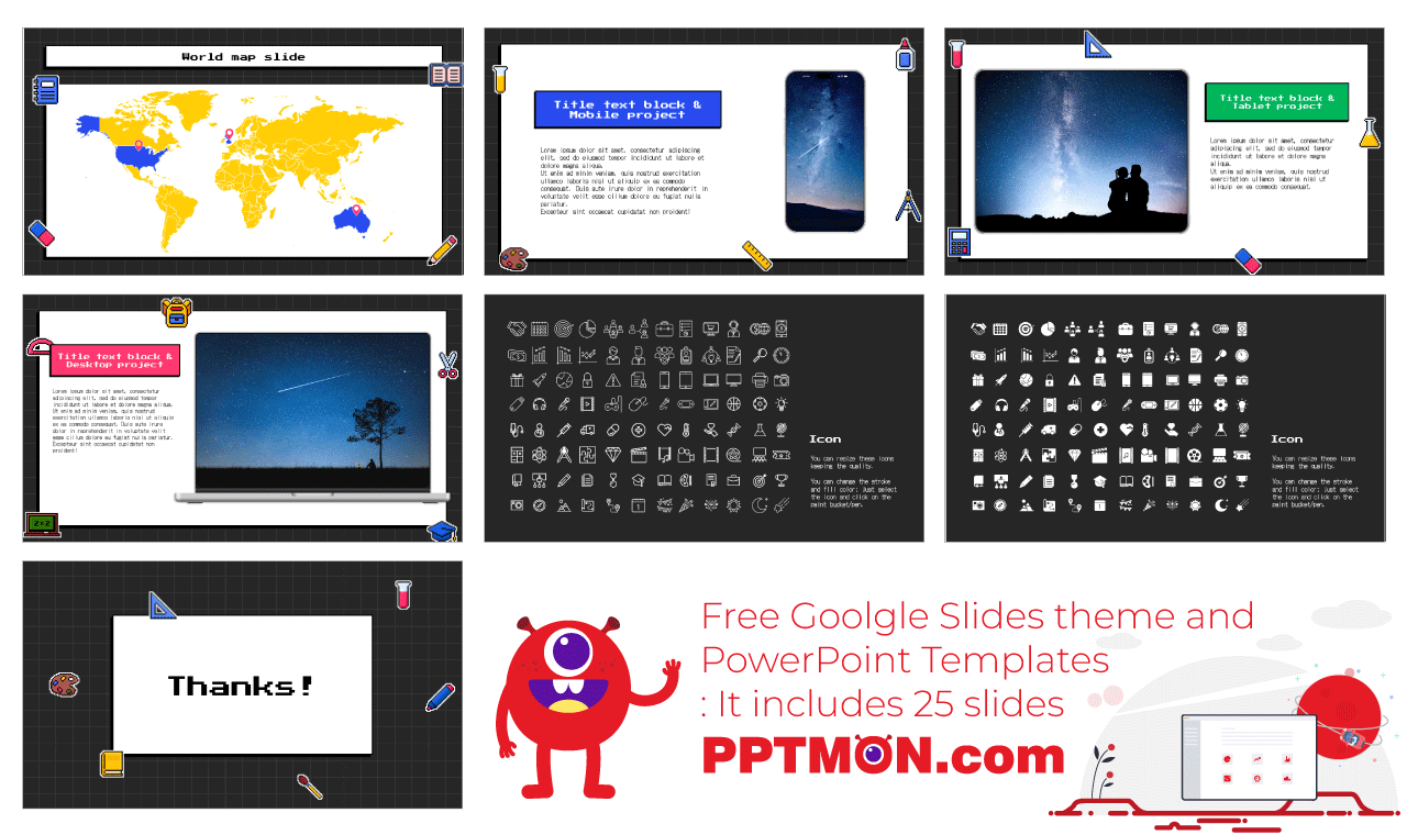 Pixel School Supplies Google Slides Themes PowerPoint Template