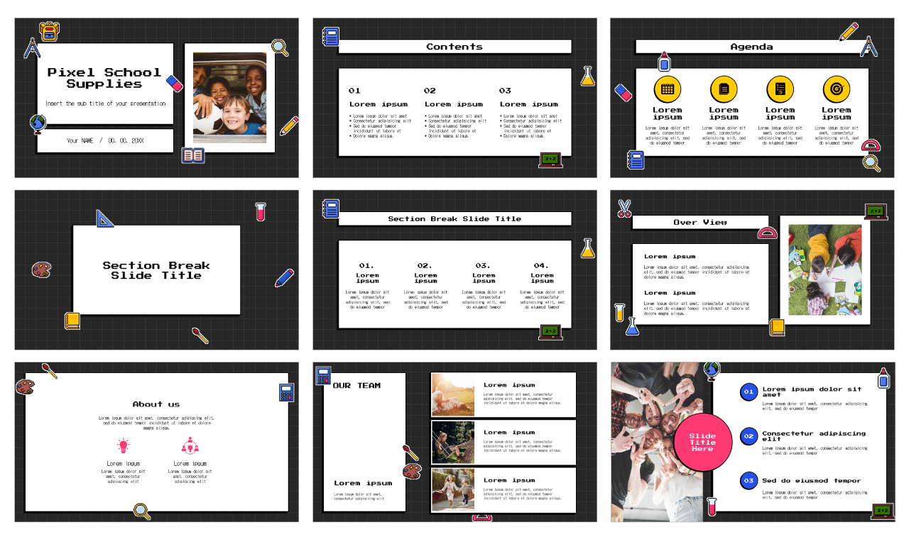 Pixel School Supplies Google Slides Themes PowerPoint Template